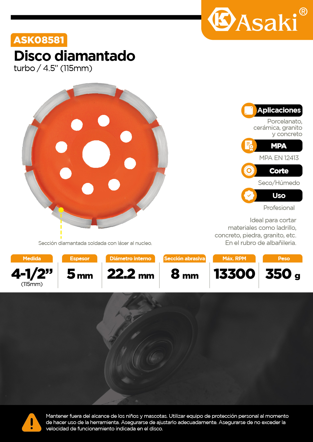 Disco copa diamantada 1 segmento 4.5" (115mm) | Kamasa