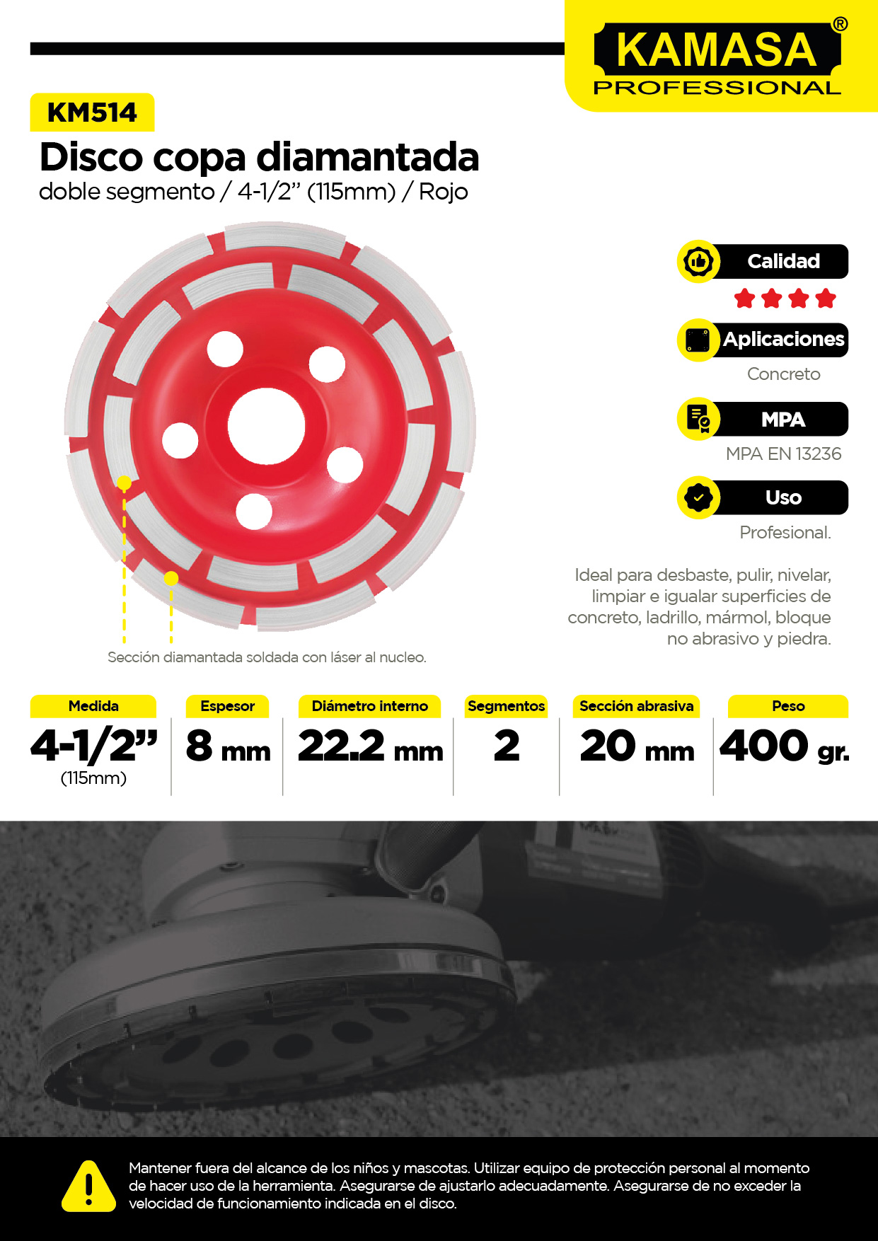 Disco copa diamantada doble segmento 4.5" (115mm) rojo | Kamasa