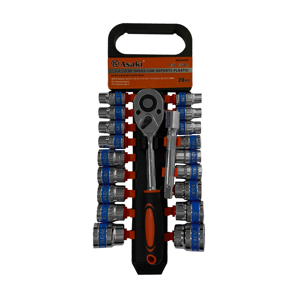 Juego llave ratchet (x1)+dados c/ soporte plast 1/2"(x18)+acc (x1)-20 ...